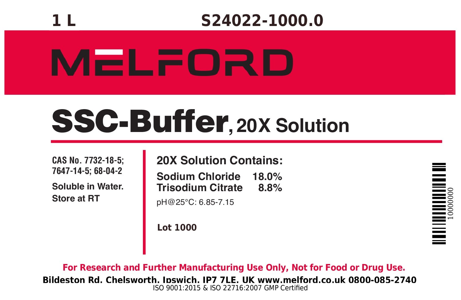 S24022-1000.0 - SSC Buffer, 20X Solution, 1 Liter