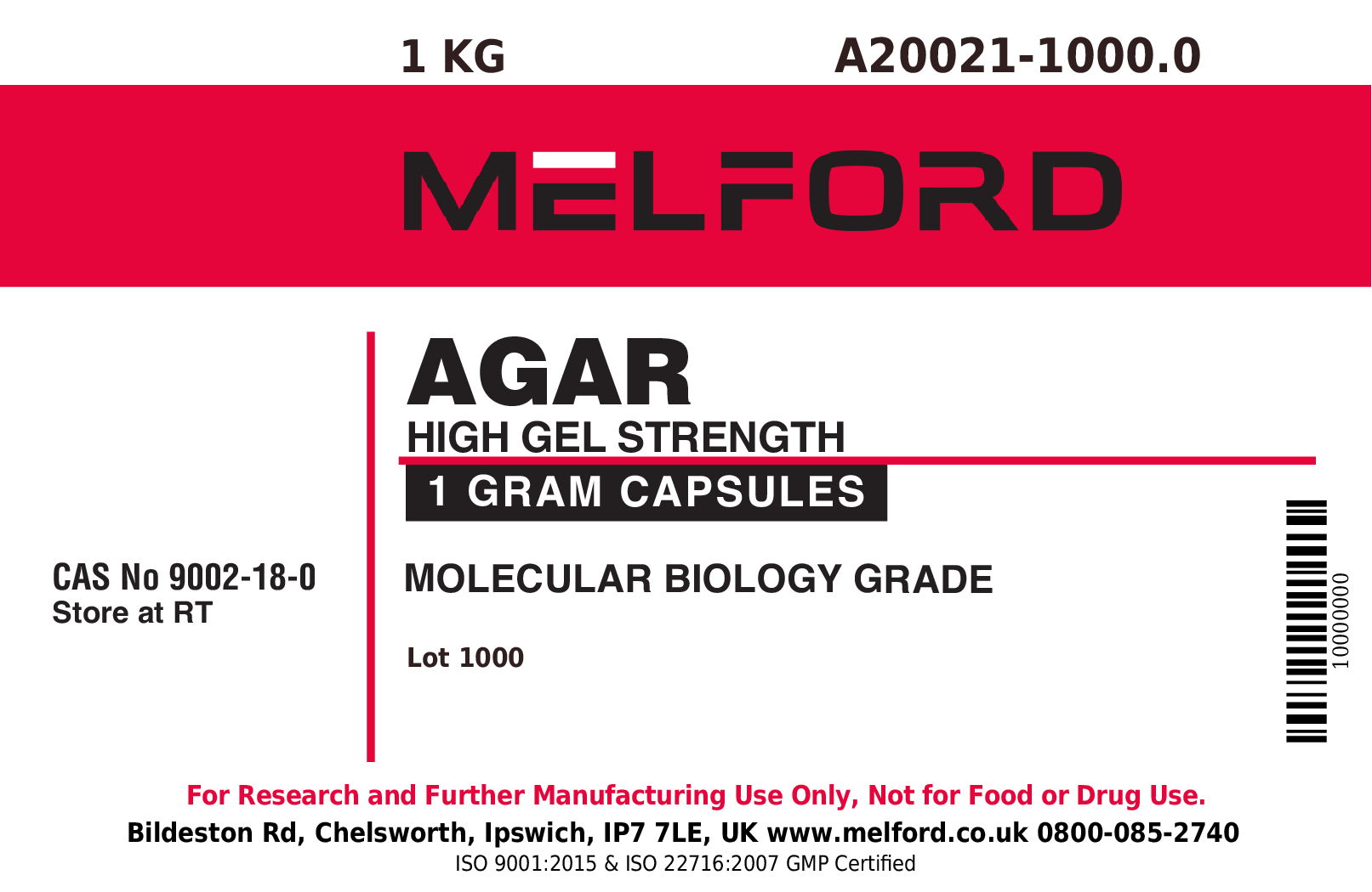 A20021-1000.0 - Agar, 1 Gram Capsules, High Gel Strength, 1 Kilogram