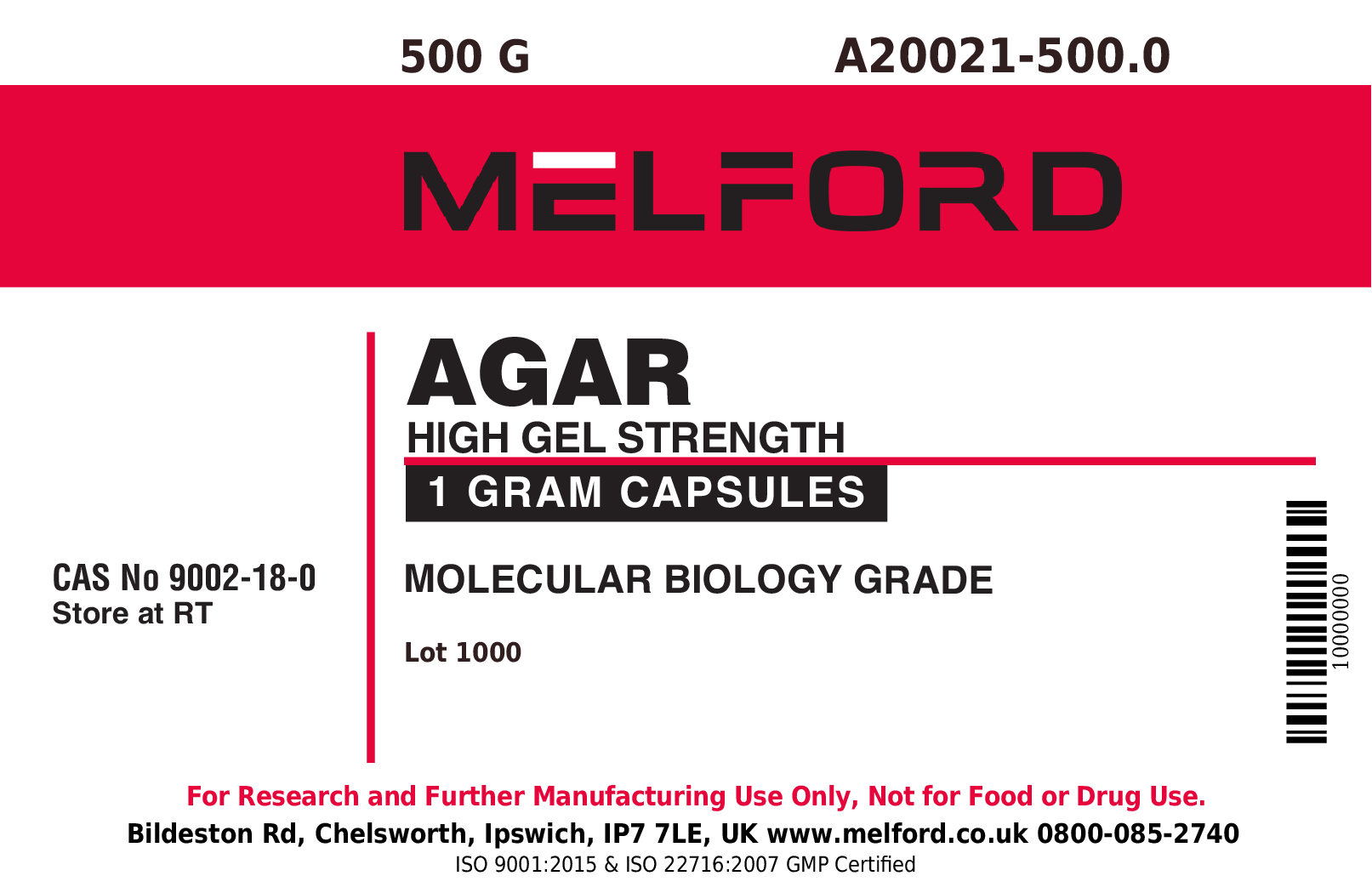 A20021-500.0 - Agar, 1 Gram Capsules, High Gel Strength, 500 Grams