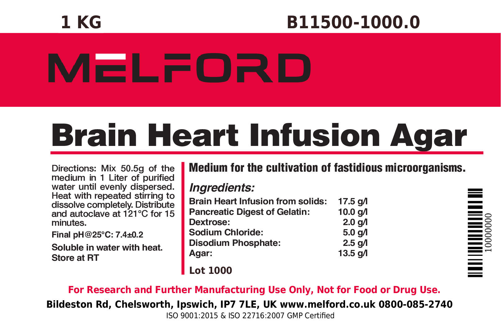 B11500-1000.0 - BHI Agar [Brain Heart Infusion Agar], 1 Kilogram