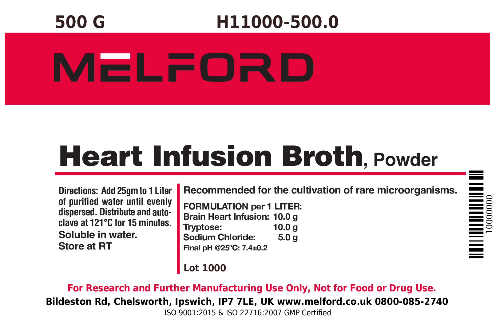 H11000-500.0 - Heart Infusion Broth, Powder, 500 Grams
