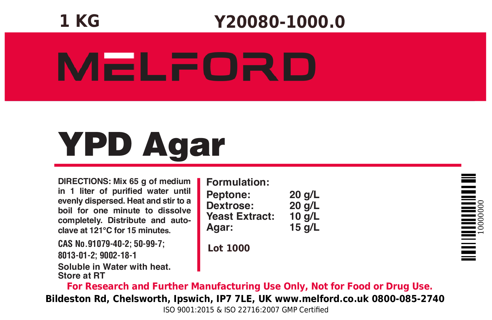 Y20080-1000.0 - YPD Agar, 1 Kilogram